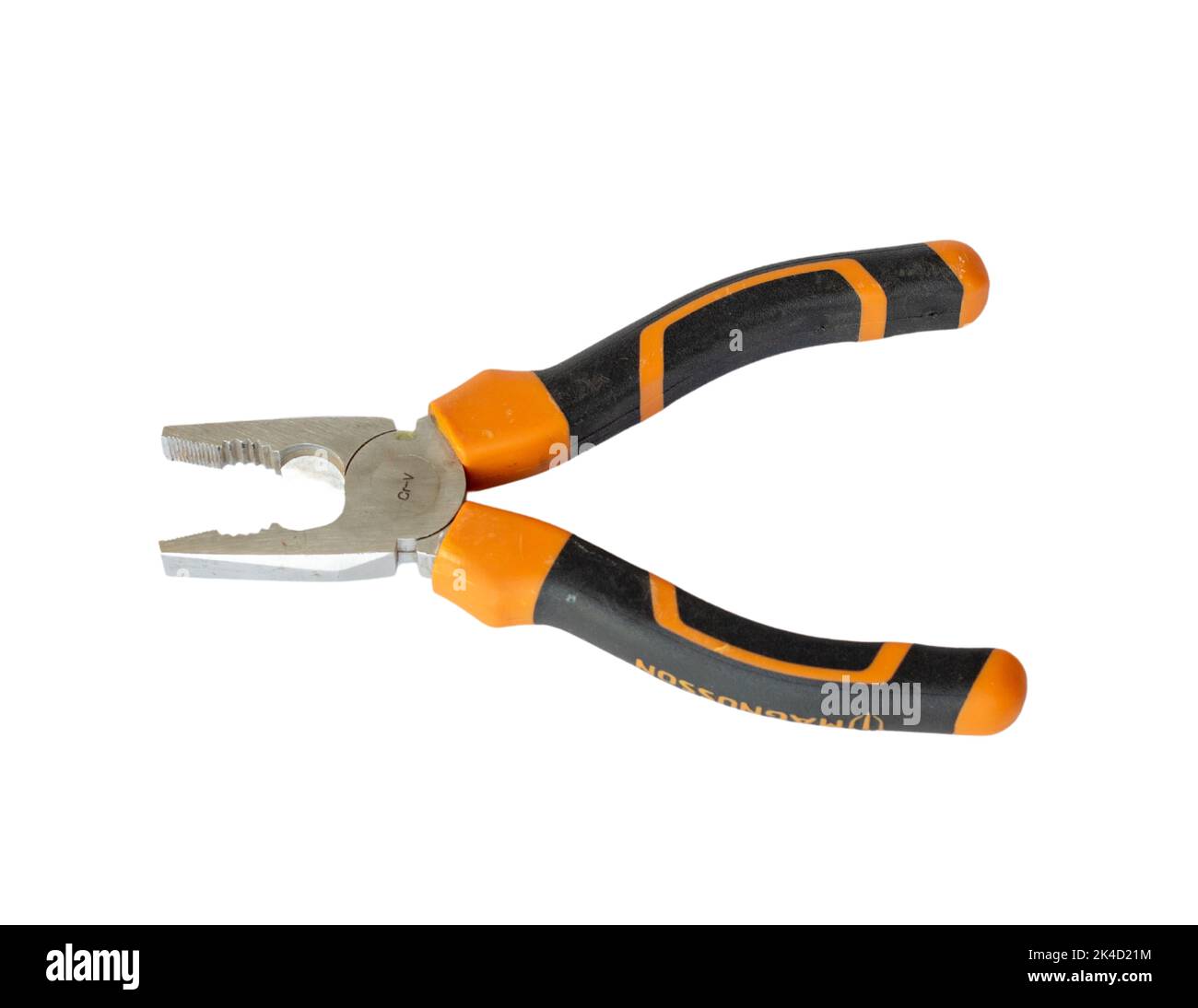 Plier with orange and black rubber handles on white isolated background ...
