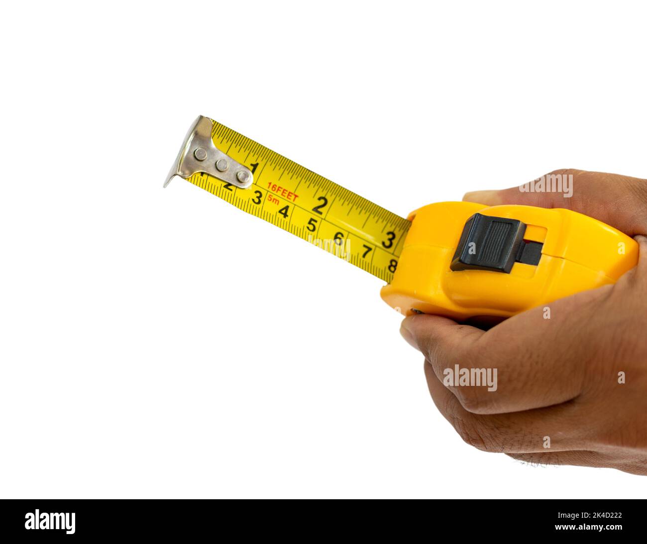 Measuring tape holding in hand on white isolated background Stock Photo ...
