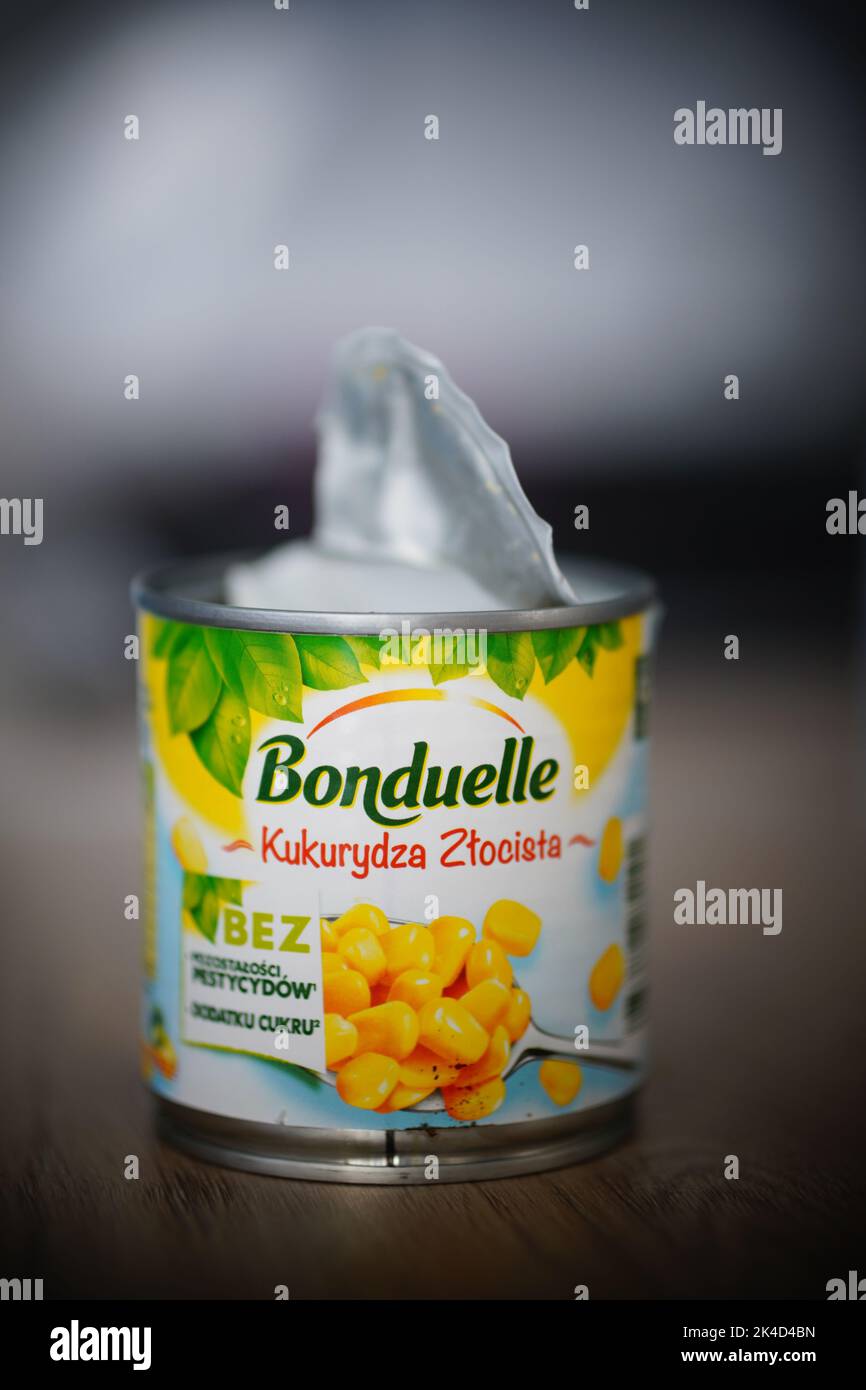 A vertical closeup of Bonduelle brand sweet corn in an opened can Stock ...