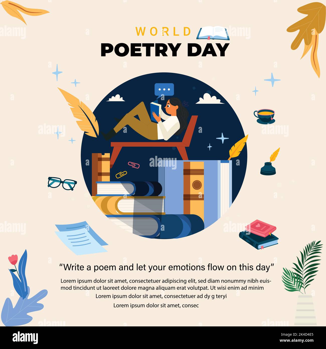 A world poetry day poster with a reading girl and educational objects ...