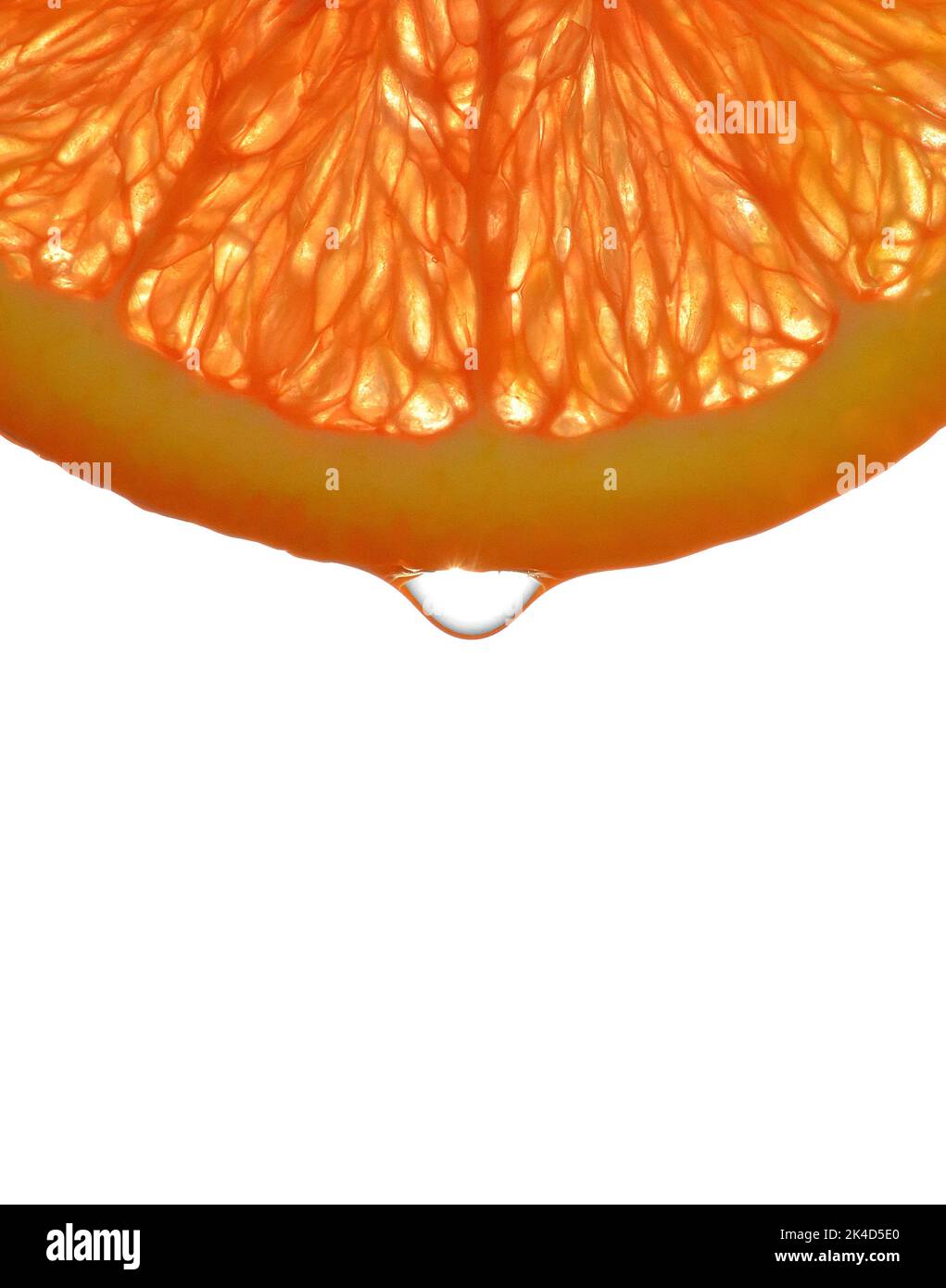 A vertical shot of an orange slice dripping water on a white background ...