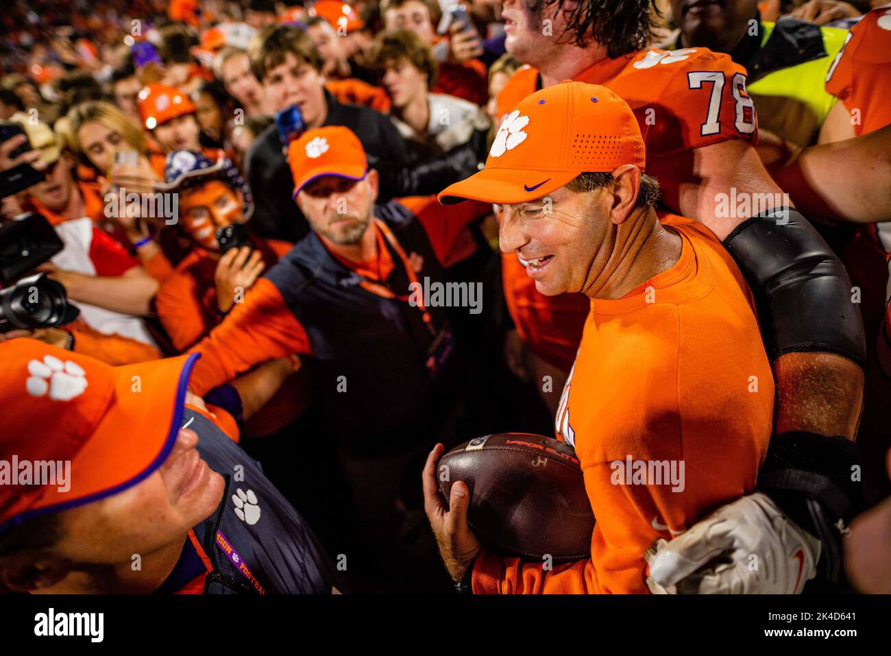 October 1, 2022: Clemson Tigers head coach Dabo Swinney stands with offensive lineman Blake ...