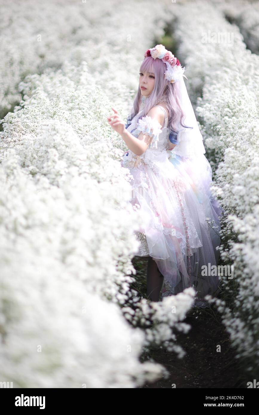 Beautiful young woman with white lolita dress with flowers garden ...