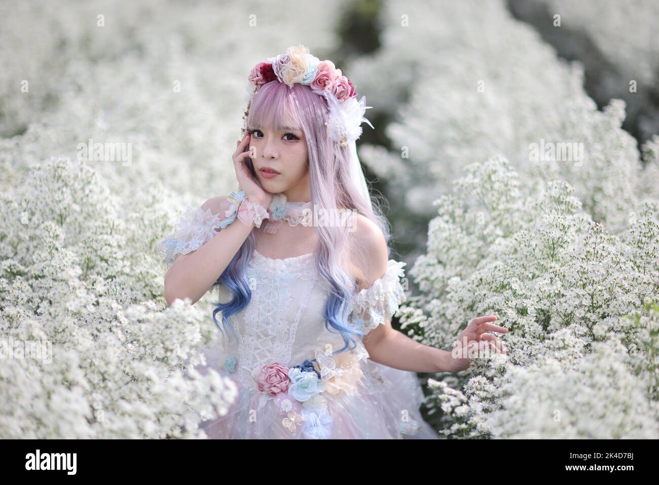 Portrait of Asian young woman with lolita fashion dress in white flower ...