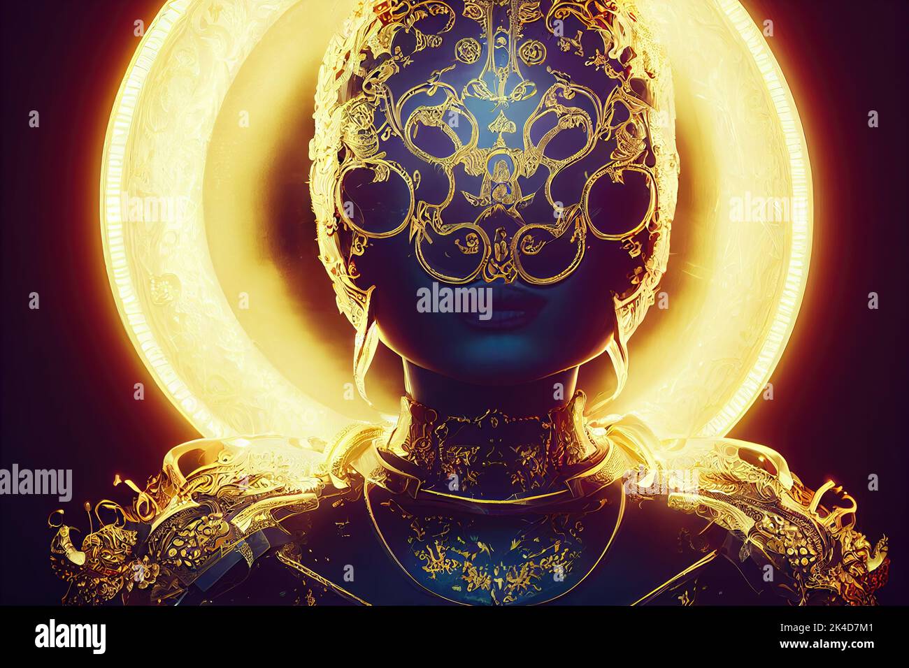 An illustration of an armored female with golden decoration a round ...