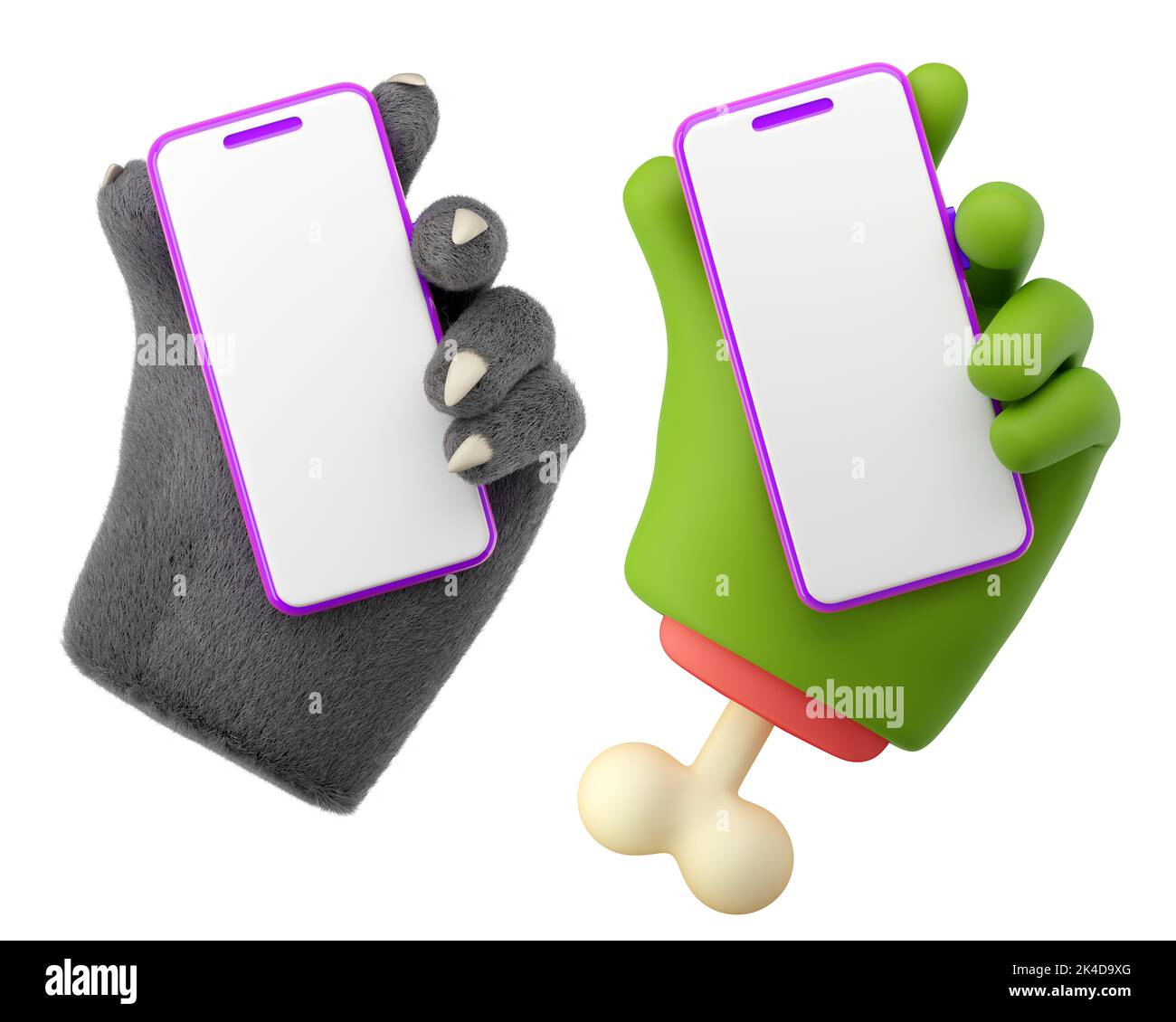 3d furry wolf and zombie hands holding mobile phone set in plastic ...