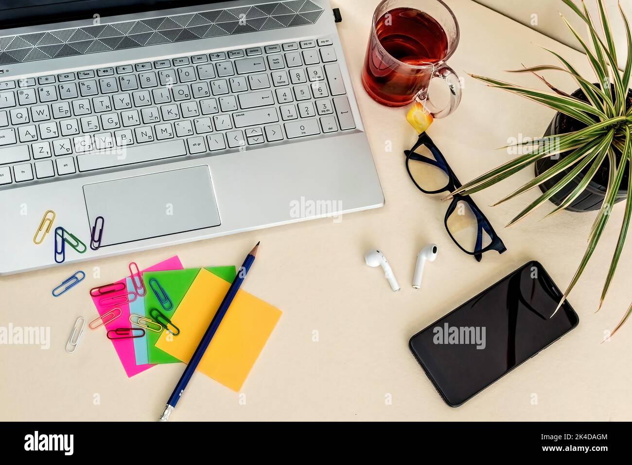 Office desk table. Student desk table with laptop, smart phone and ...