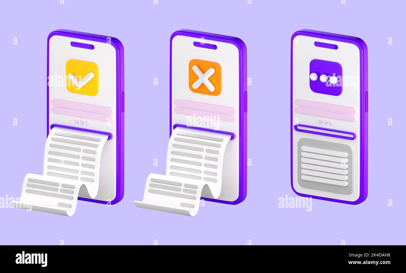 3d smartphone mockup with bill receipt on it screen. Online banking, money transaction, mobile ...