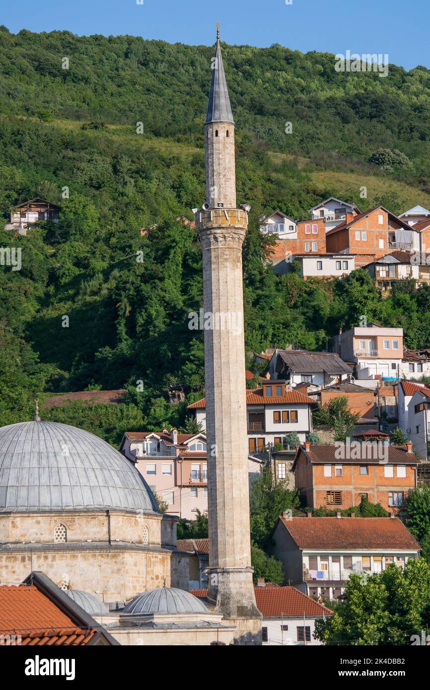 The minaret tower of a Muslim mosque in the city of Prizren, Kosovo ...