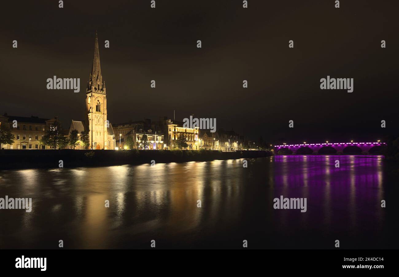 Tay Street, Perth, from across the river, by night: buildings lit ...