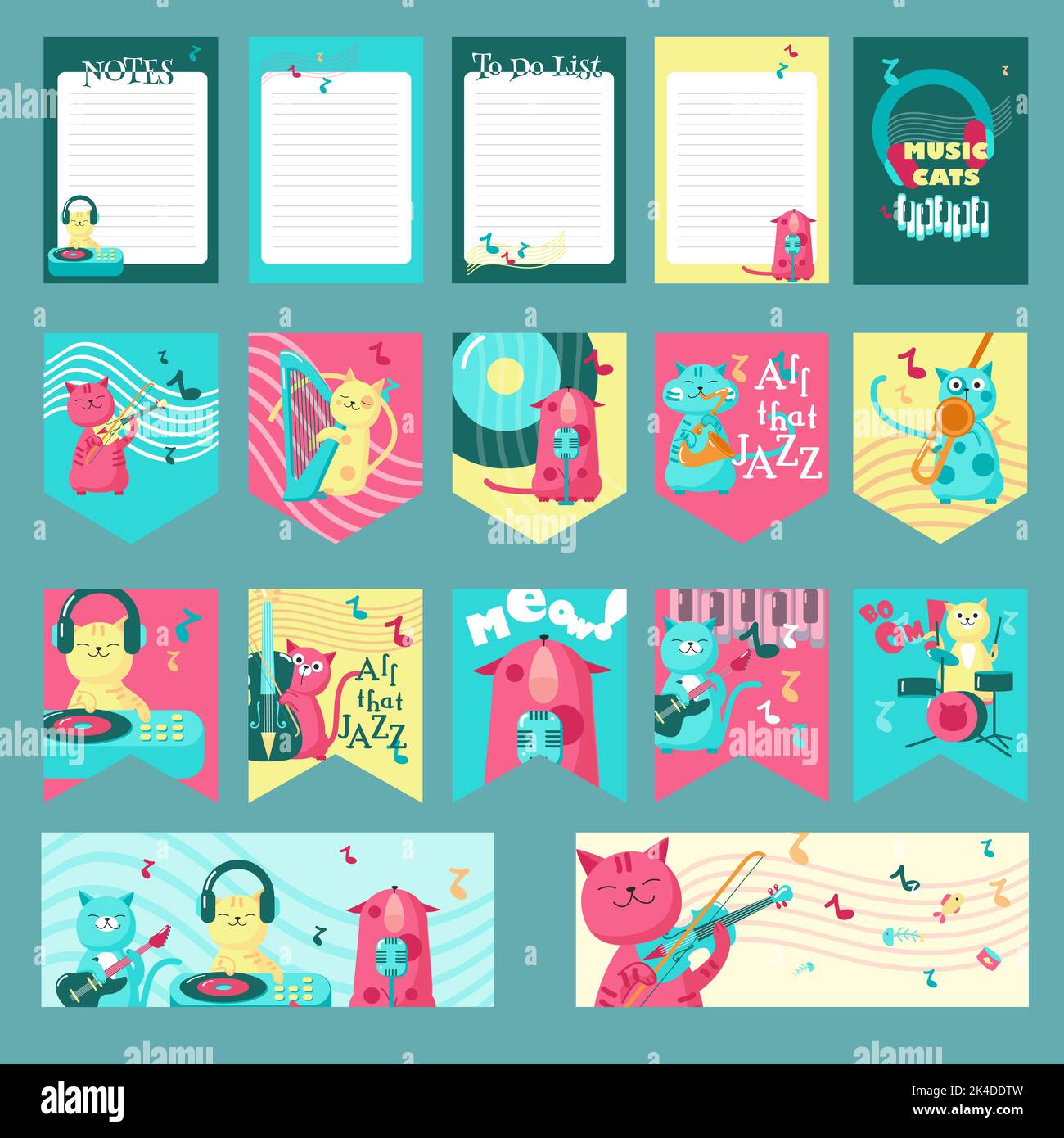 Vector set of cards with music cats and inspirational quotations Stock ...