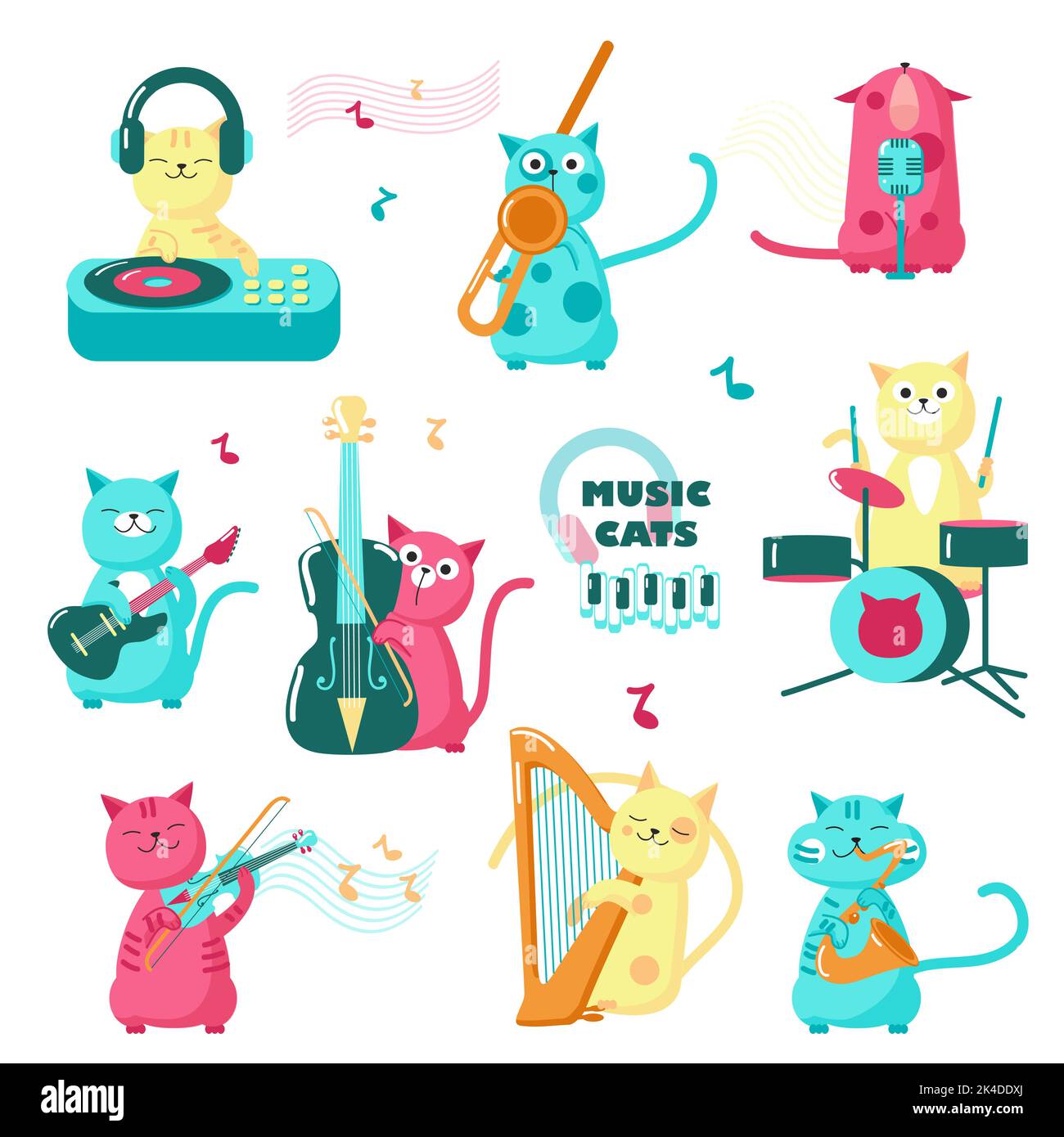 Cute funny music cats vector isolated illustration Stock Vector Image ...