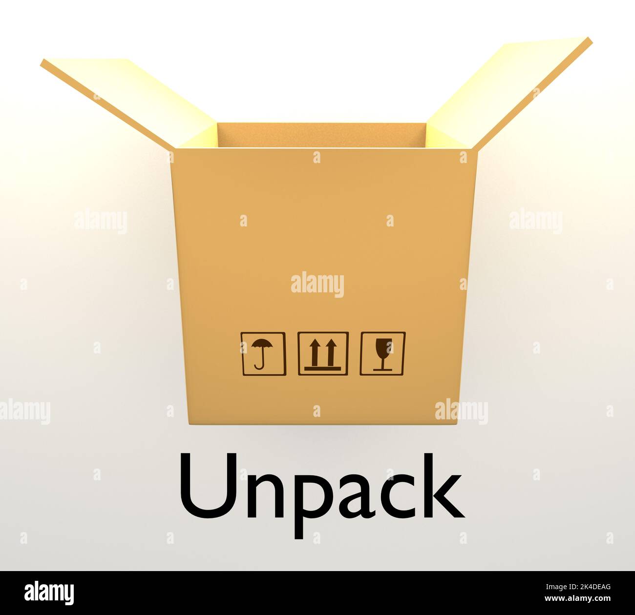 3D illustration of an open carton box allong with the script Unpack ...