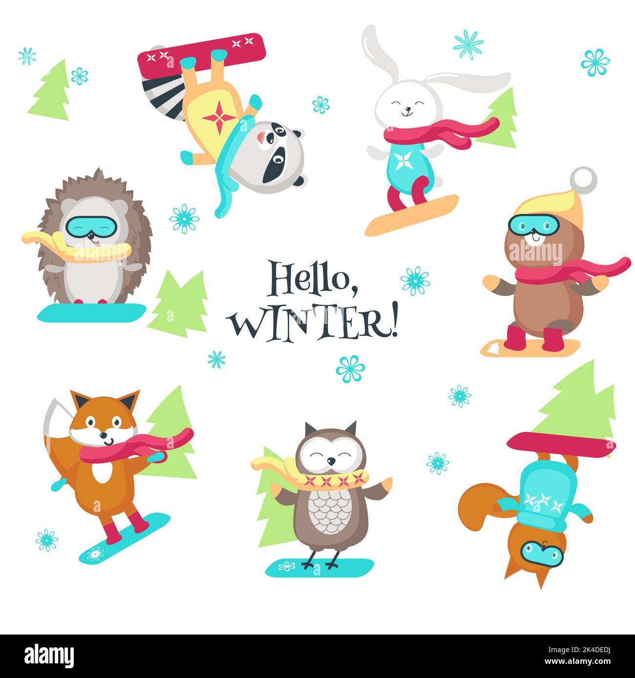Cute animals enjoying snowboarding vector isolated illustration Stock ...