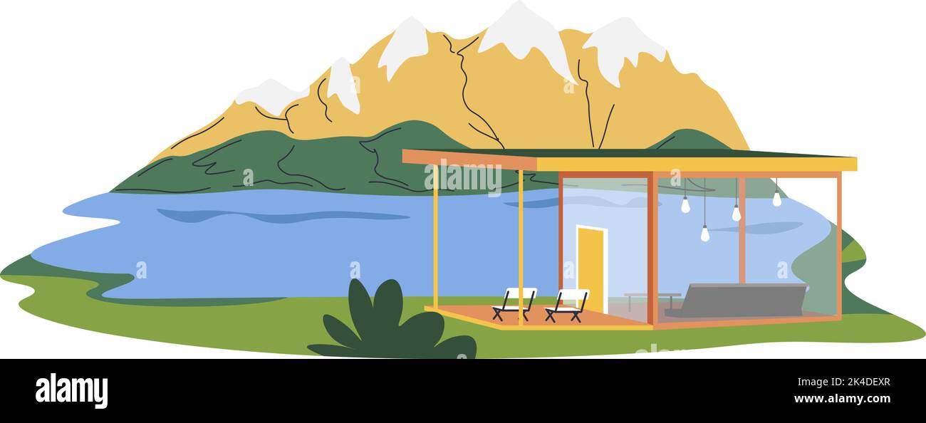Eco resort for vacation, lake and mountains relax Stock Vector Image ...