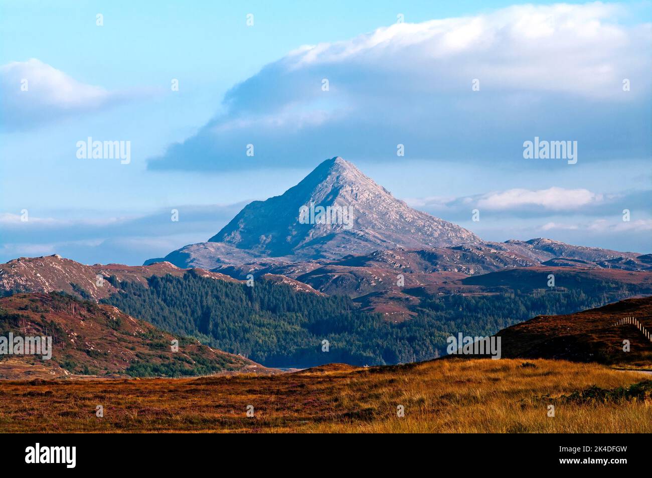 View of Ben Stack in evening sunlight from moorland adjacent to A894 on ...