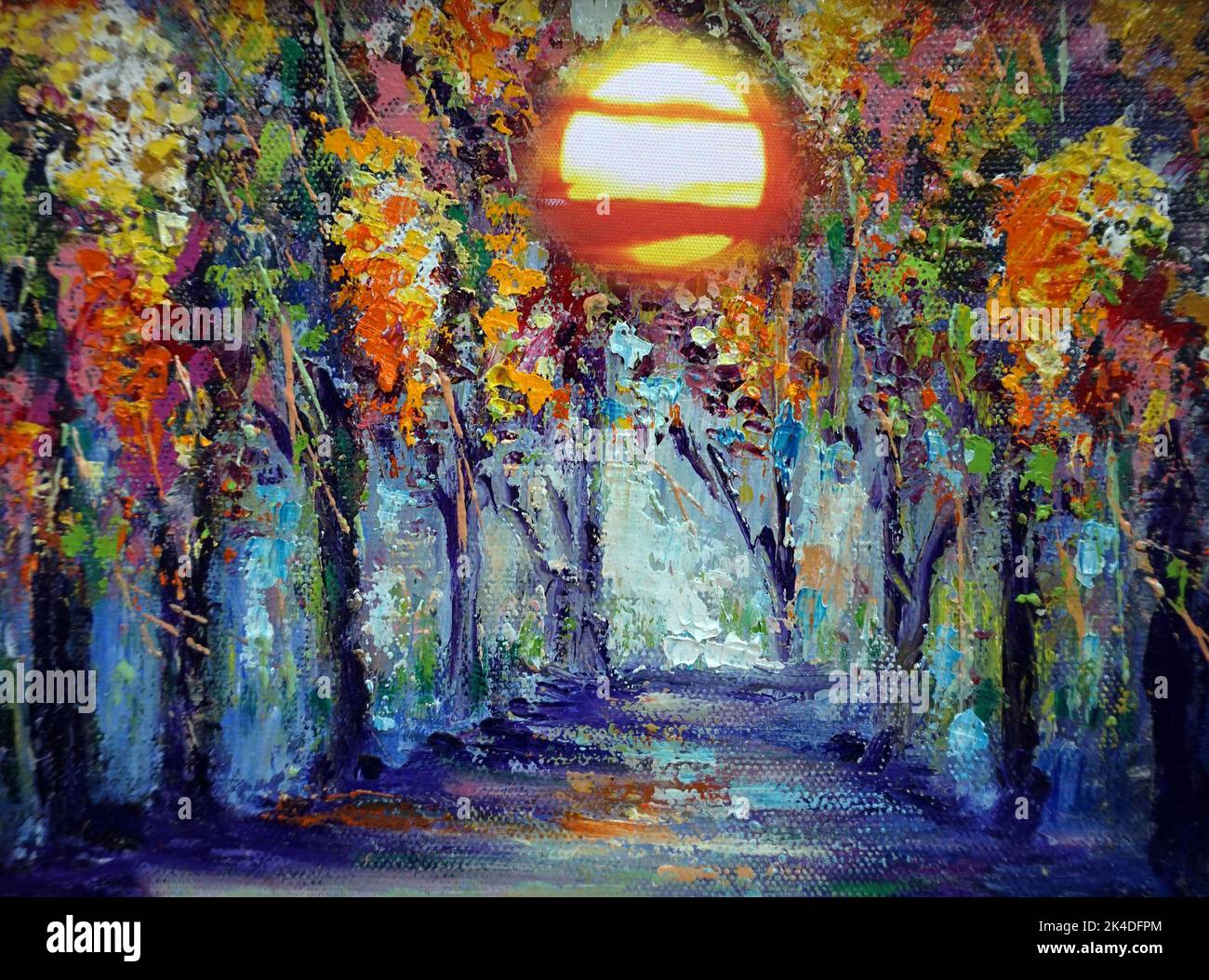 oil painting Pathway with trees and flowers , Multiply flowers Stock ...