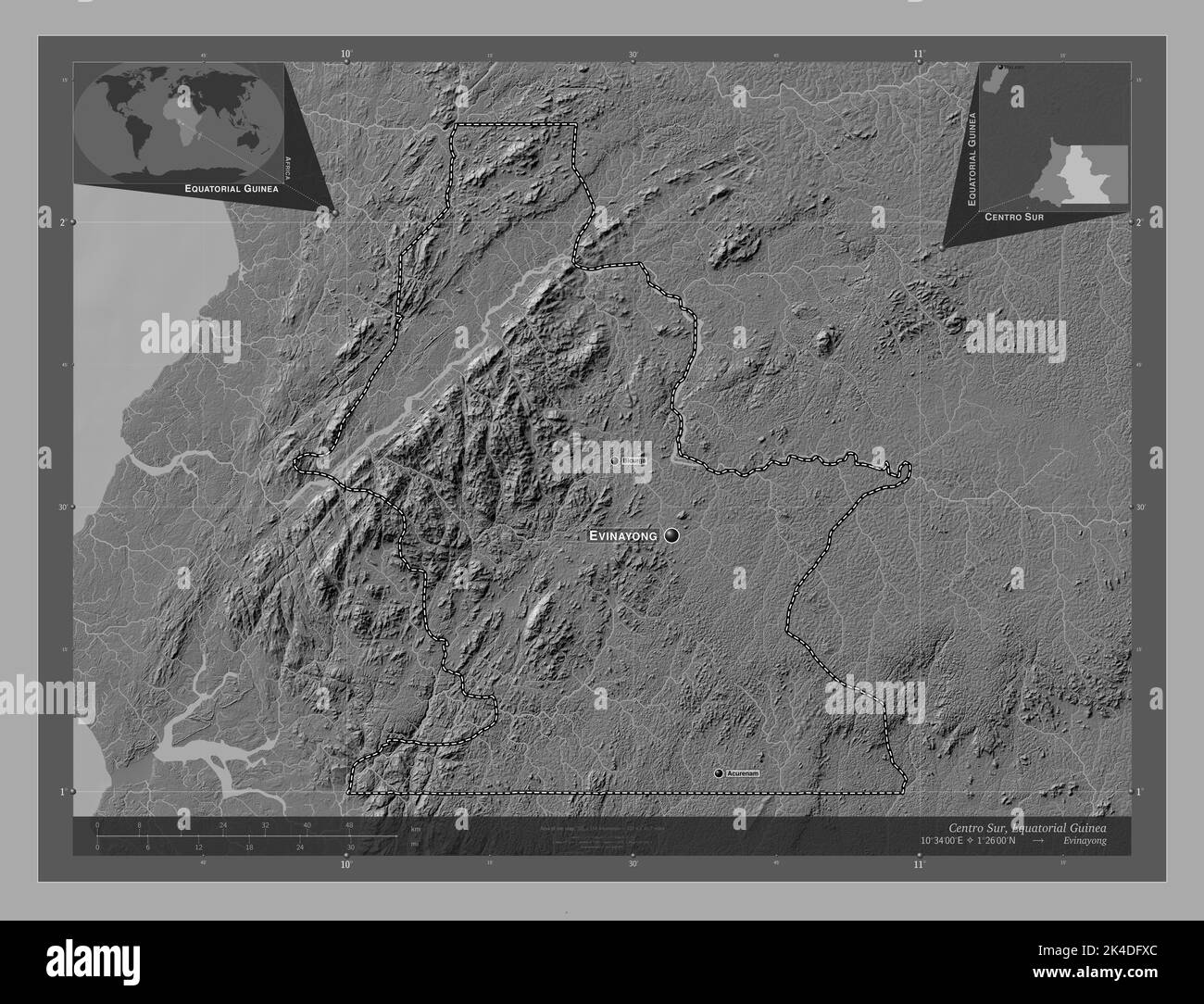 Centro Sur, province of Equatorial Guinea. Bilevel elevation map with ...