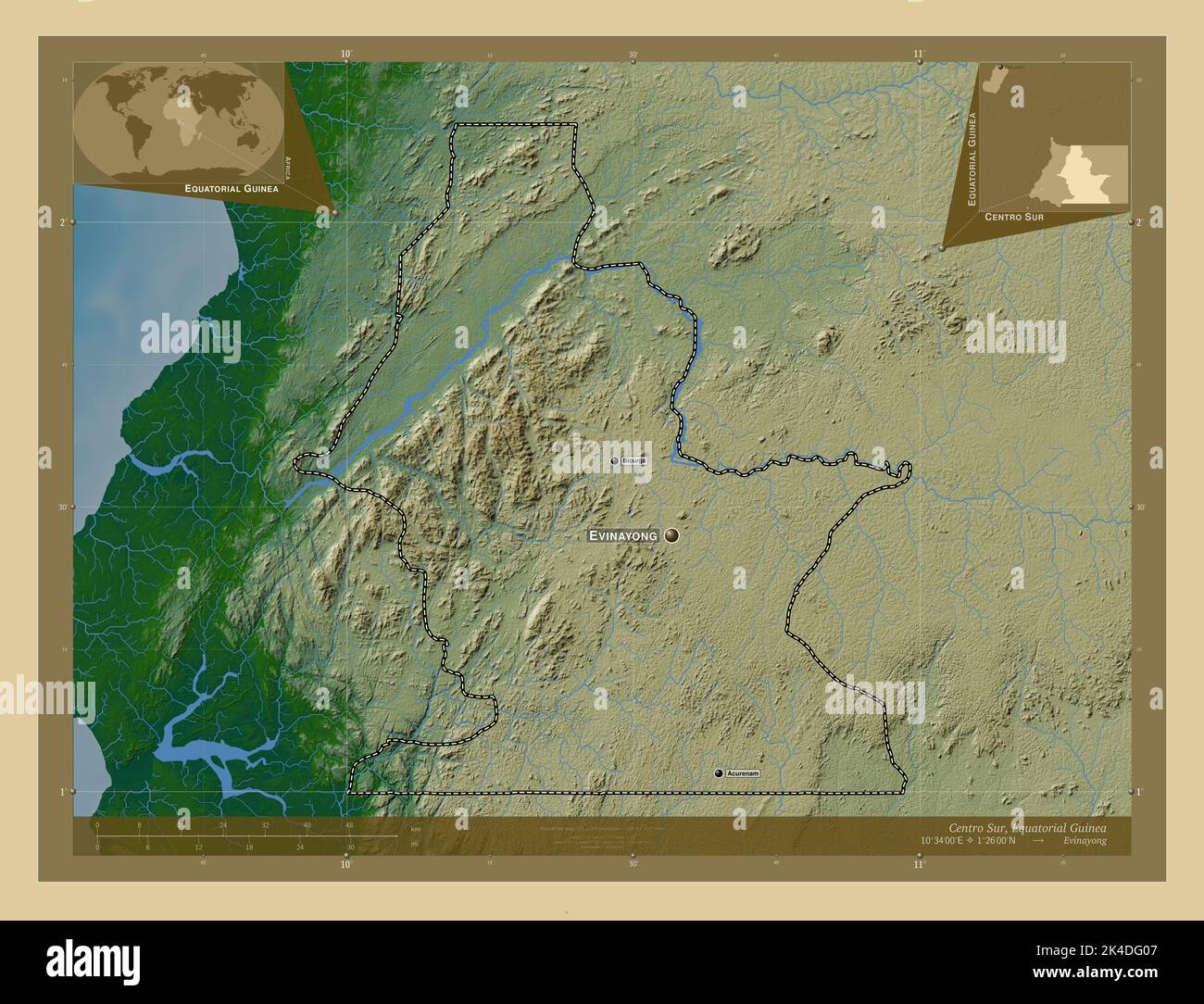 Centro Sur, province of Equatorial Guinea. Colored elevation map with ...