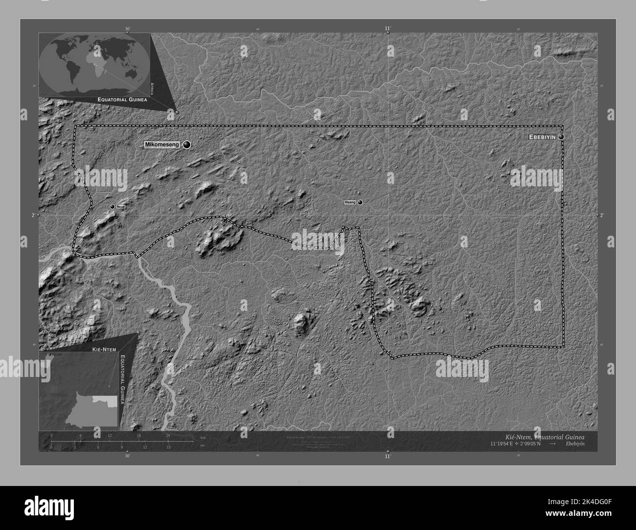 Kie-Ntem, province of Equatorial Guinea. Bilevel elevation map with ...
