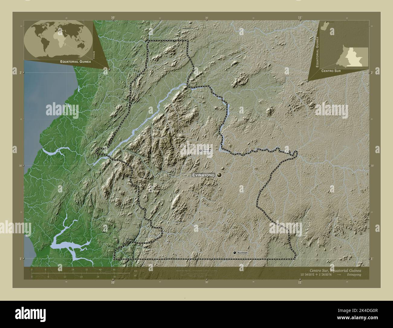 Centro Sur, province of Equatorial Guinea. Elevation map colored in ...