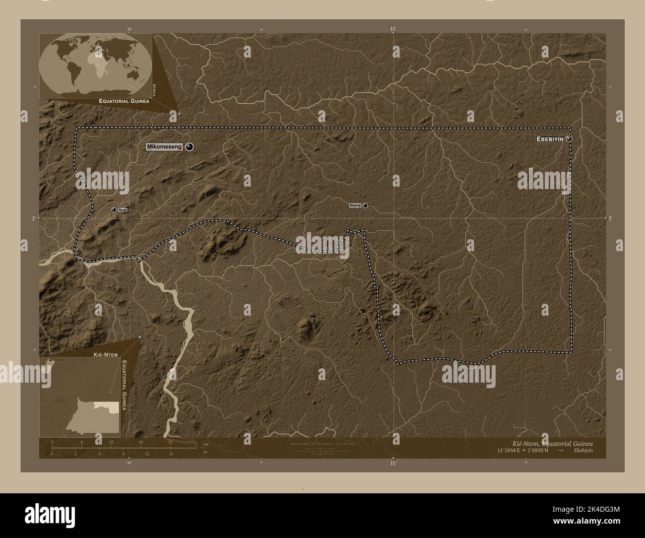 Kie-Ntem, province of Equatorial Guinea. Elevation map colored in sepia ...