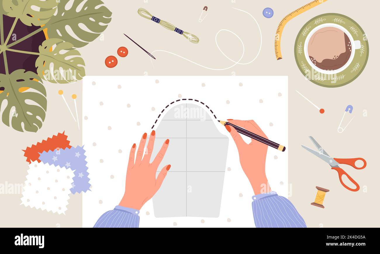 Female hands make pattern of fabric. Woman create outfit. Top view ...