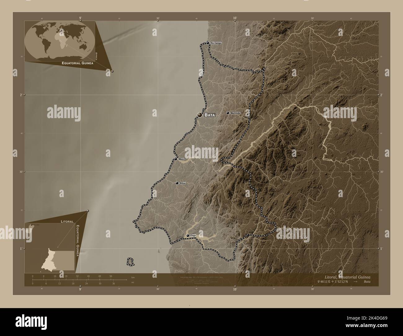 Litoral, province of Equatorial Guinea. Elevation map colored in sepia ...