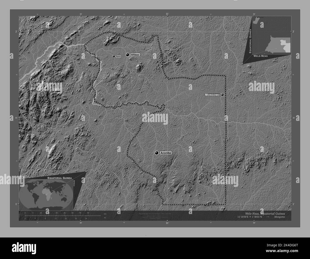 Wele-Nzas, province of Equatorial Guinea. Bilevel elevation map with ...
