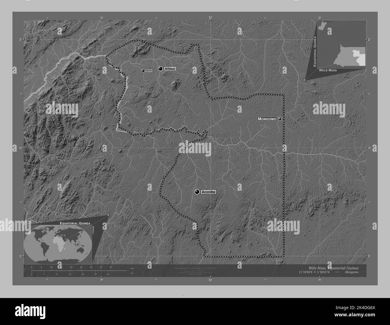 Wele-Nzas, province of Equatorial Guinea. Grayscale elevation map with ...