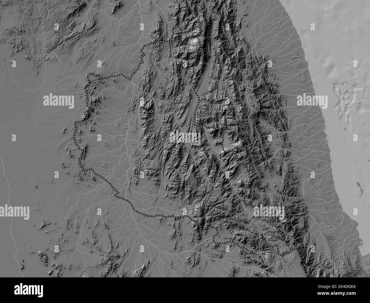 Anseba, region of Eritrea. Bilevel elevation map with lakes and rivers ...