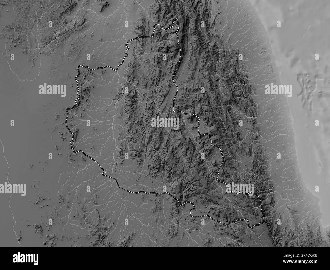 Anseba, region of Eritrea. Grayscale elevation map with lakes and ...
