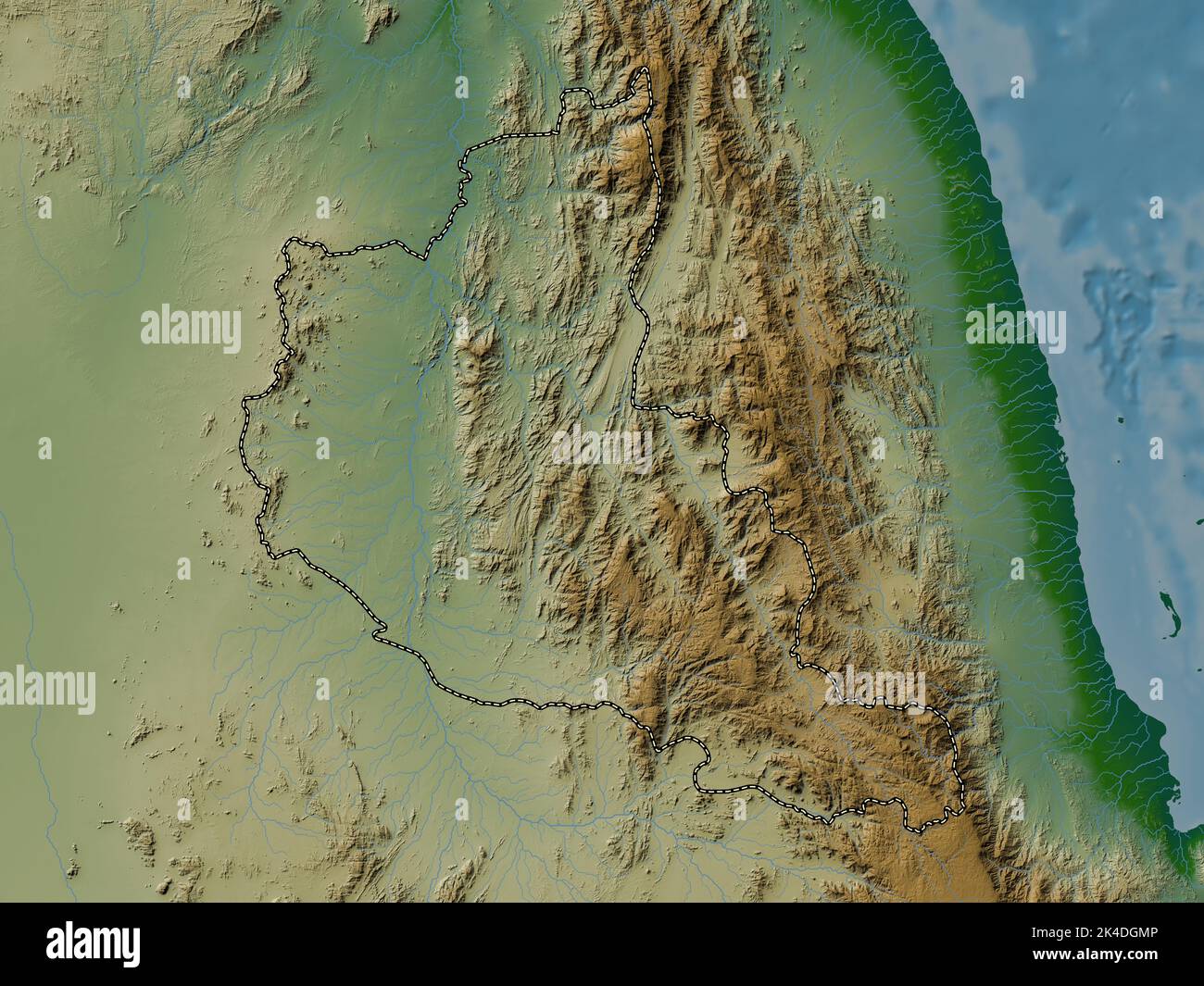 Anseba, region of Eritrea. Colored elevation map with lakes and rivers ...