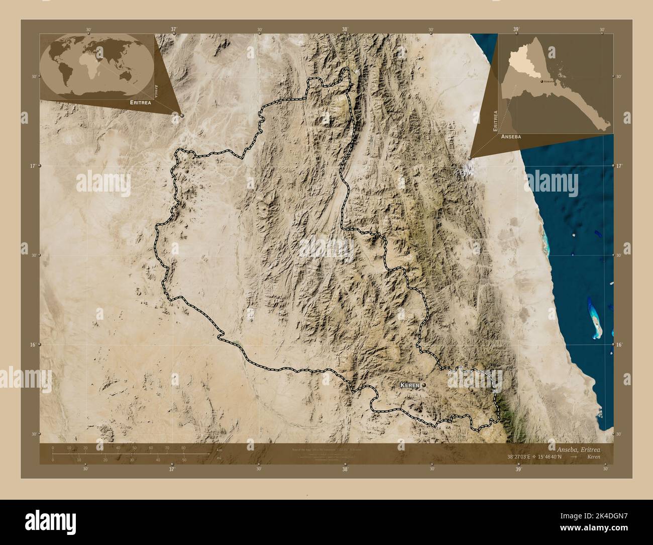 Anseba, region of Eritrea. Low resolution satellite map. Locations and ...