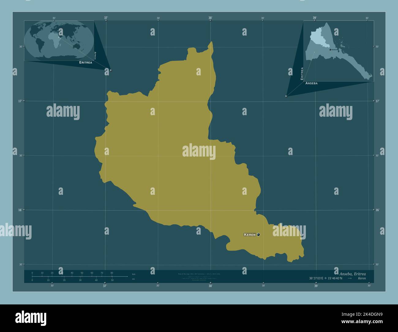 Anseba, region of Eritrea. Solid color shape. Locations and names of ...