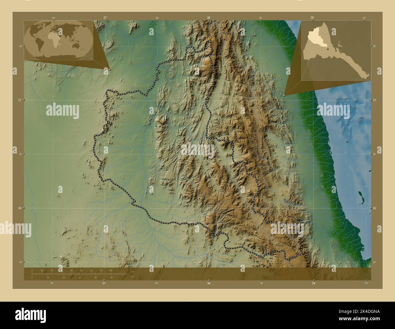 Anseba, region of Eritrea. Colored elevation map with lakes and rivers ...
