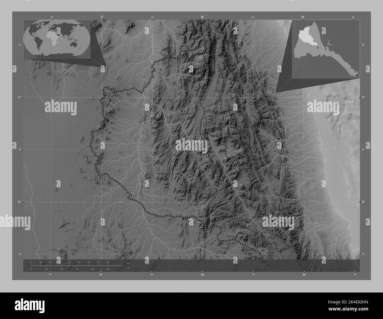 Anseba, region of Eritrea. Grayscale elevation map with lakes and ...
