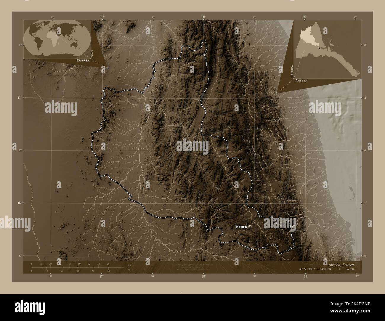 Anseba, region of Eritrea. Elevation map colored in sepia tones with ...