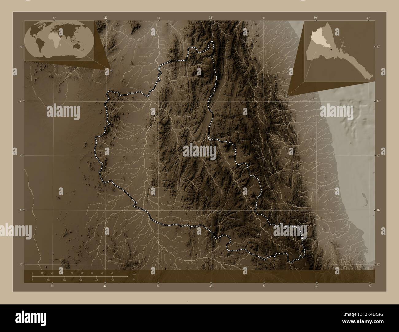 Anseba, region of Eritrea. Elevation map colored in sepia tones with ...