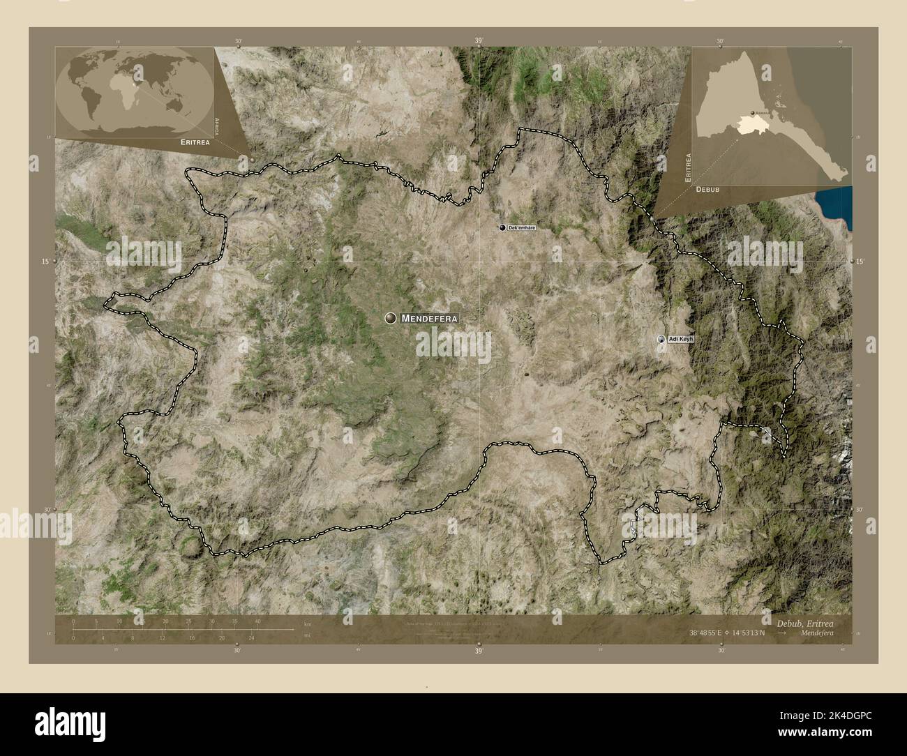 Debub, region of Eritrea. High resolution satellite map. Locations and ...