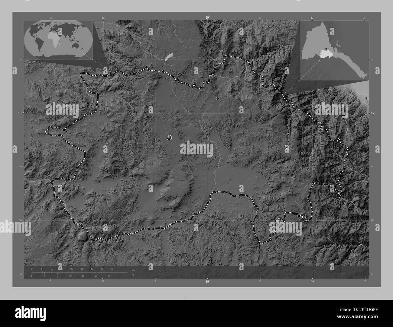 Debub, region of Eritrea. Grayscale elevation map with lakes and rivers ...