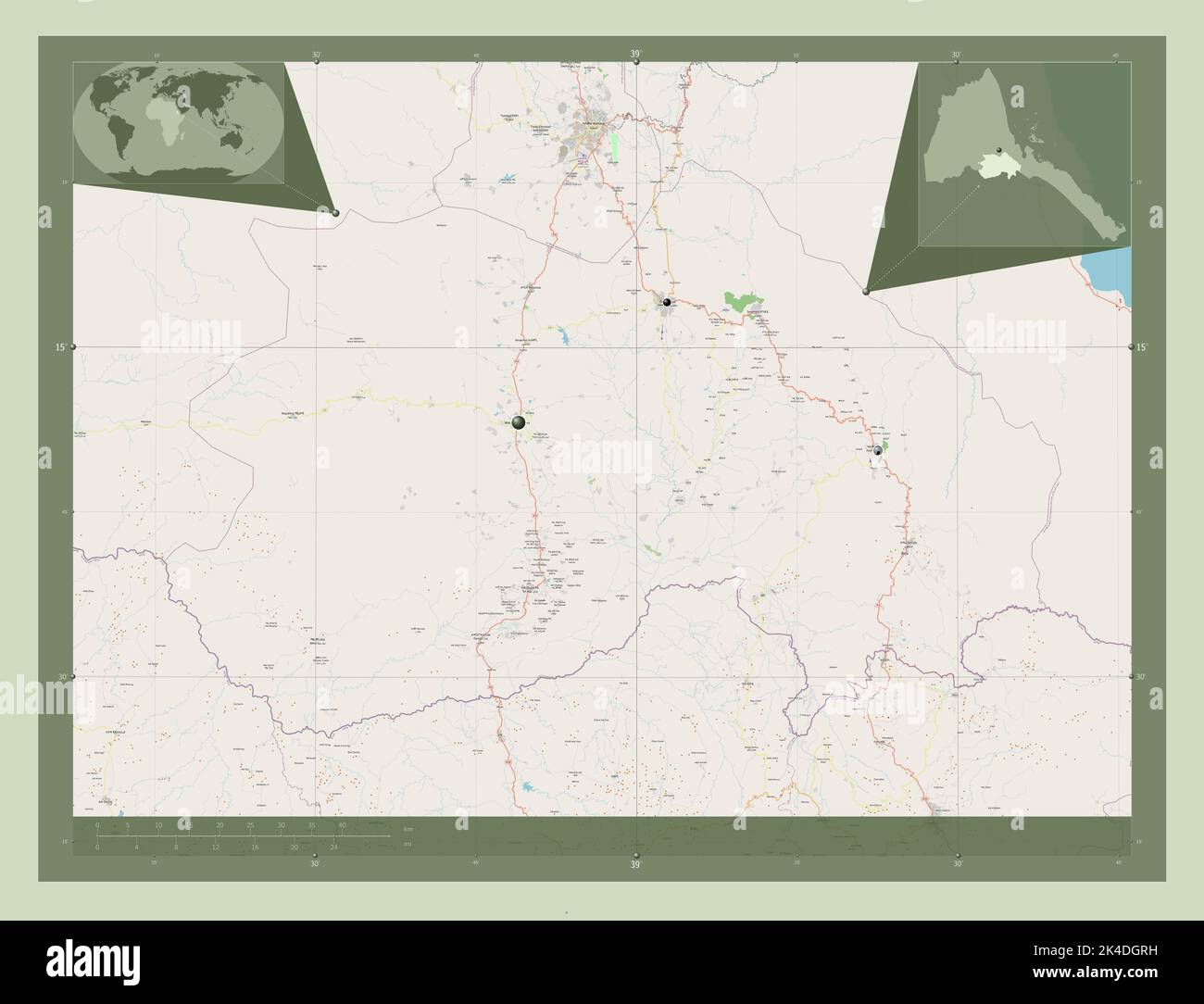 Debub, region of Eritrea. Open Street Map. Locations of major cities of ...