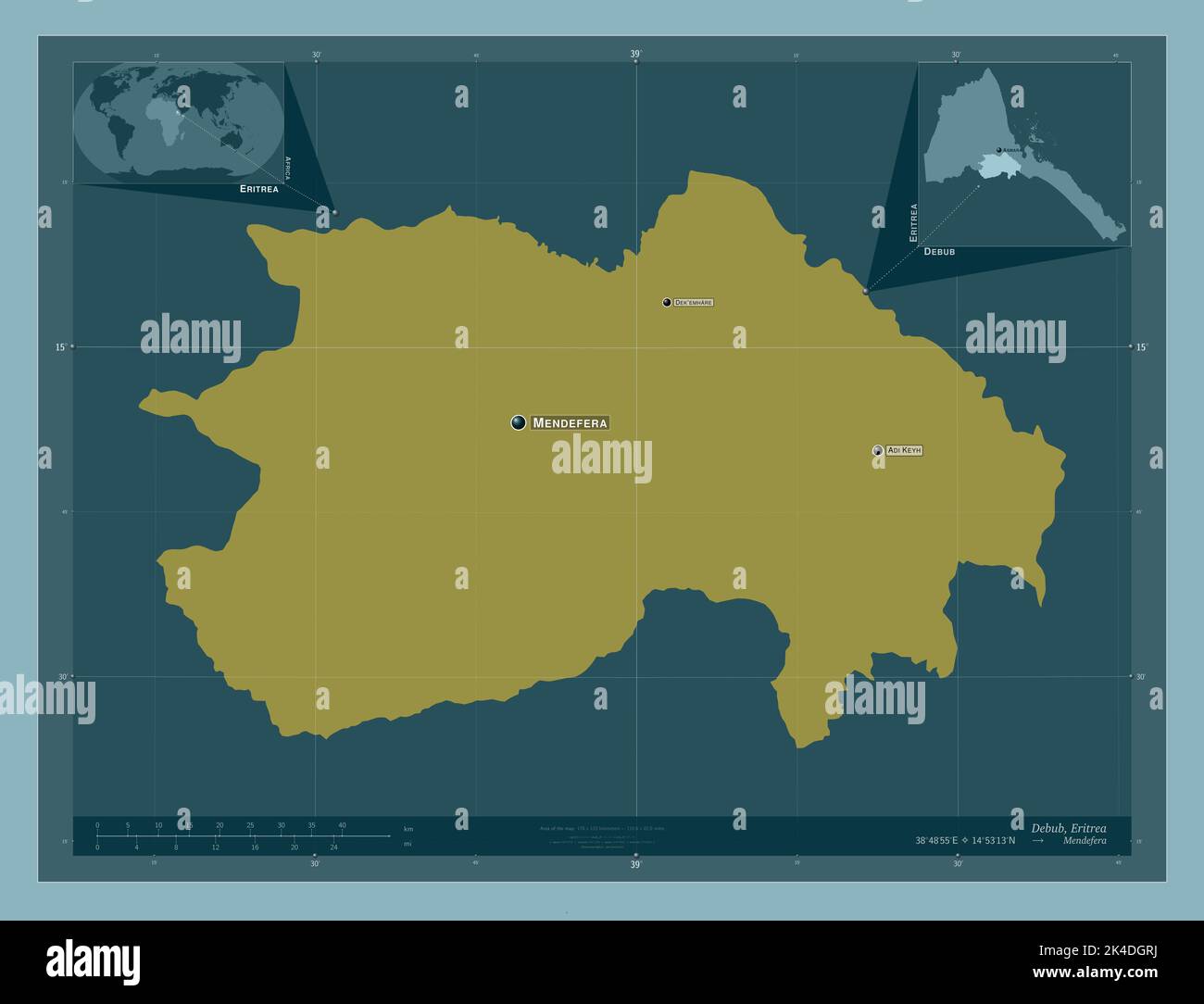 Debub, region of Eritrea. Solid color shape. Locations and names of ...