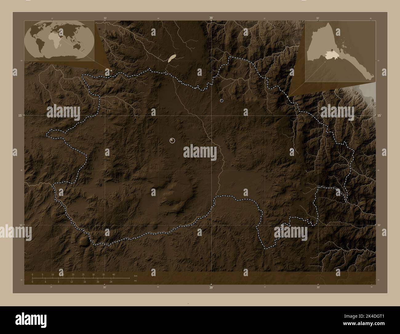 Debub, region of Eritrea. Elevation map colored in sepia tones with ...