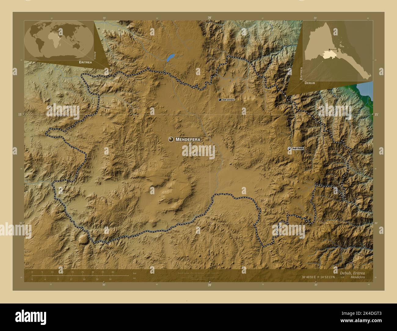 Debub, region of Eritrea. Colored elevation map with lakes and rivers ...