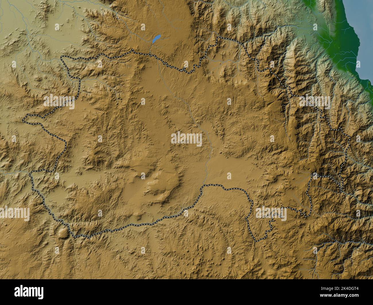 Debub, region of Eritrea. Colored elevation map with lakes and rivers ...
