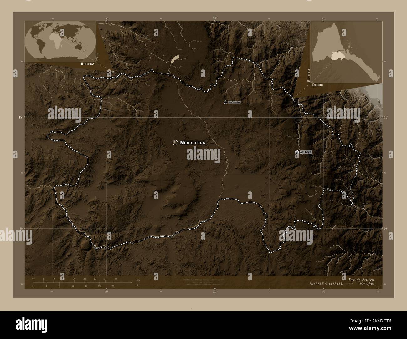 Debub, region of Eritrea. Elevation map colored in sepia tones with ...