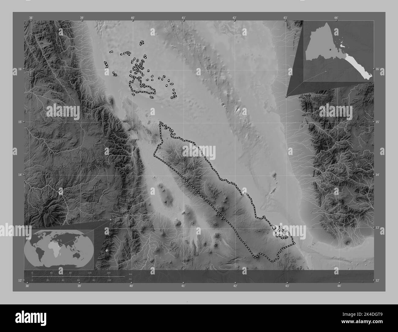 Debubawi Keyih Bahri, region of Eritrea. Grayscale elevation map with ...