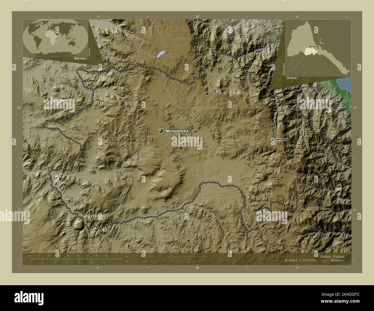 Debub, region of Eritrea. Elevation map colored in wiki style with ...