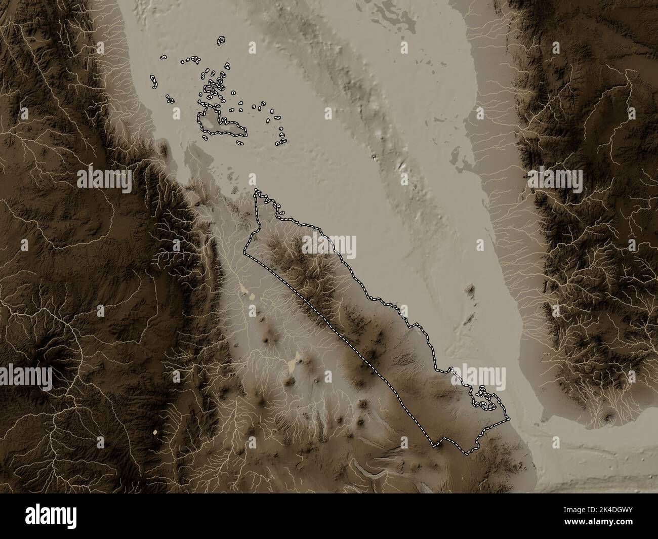 Debubawi Keyih Bahri, region of Eritrea. Elevation map colored in sepia ...
